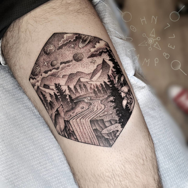 River and mountains diamond thigh tattoo with planets done in black and ...