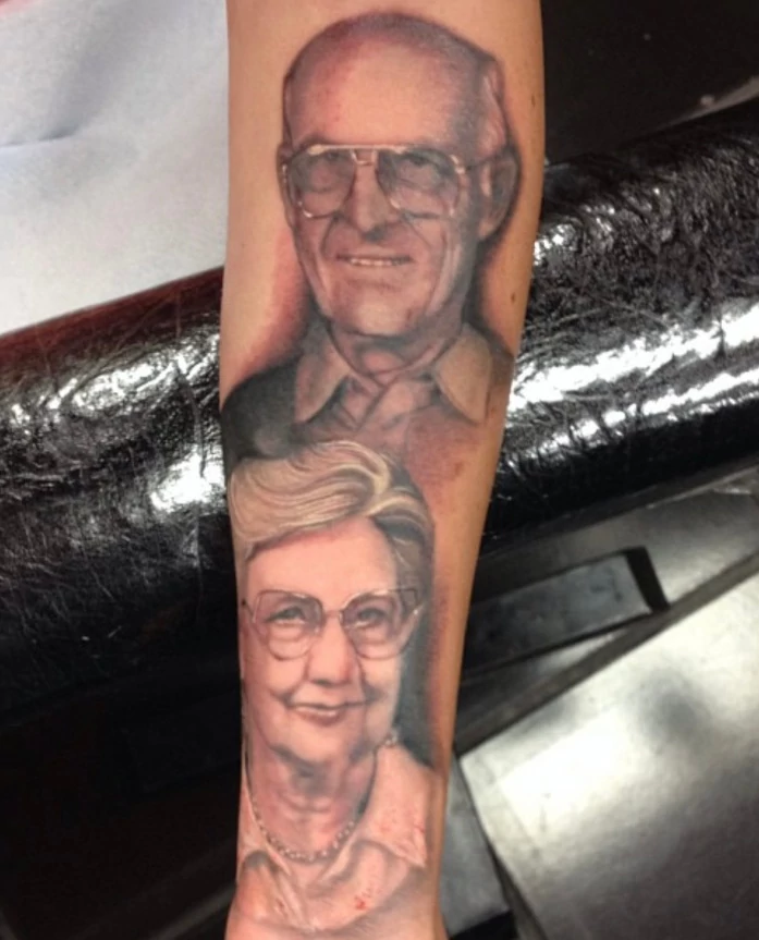 Portrait forearm tattoo of grandparents done in black and grey ink by ...